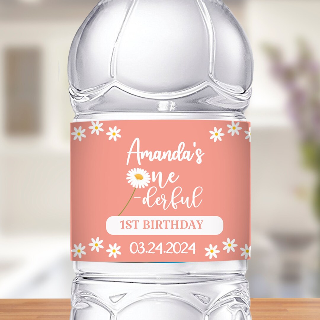 Daisy One Birthday Water Bottle Label, Girl First Garden Party Label ...