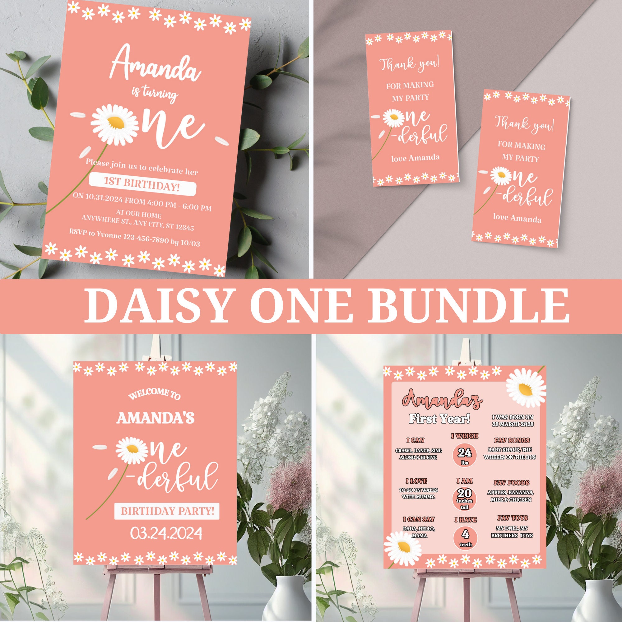Daisy One Birthday Invitation Bundle, Girls First Garden Party Decor ...