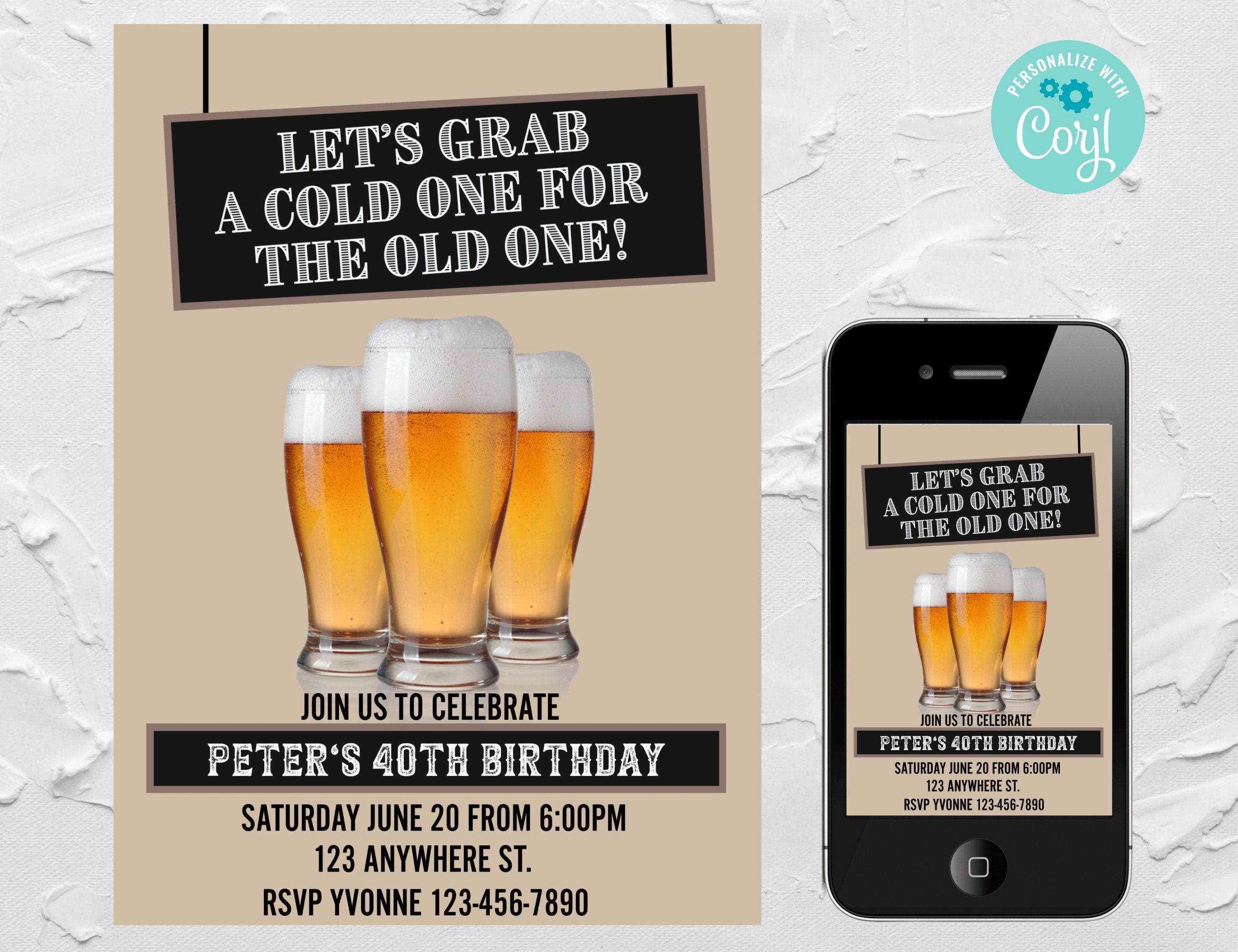 Editable Mens Beer Birthday Invitation Party Template for Any Age, 50th ...