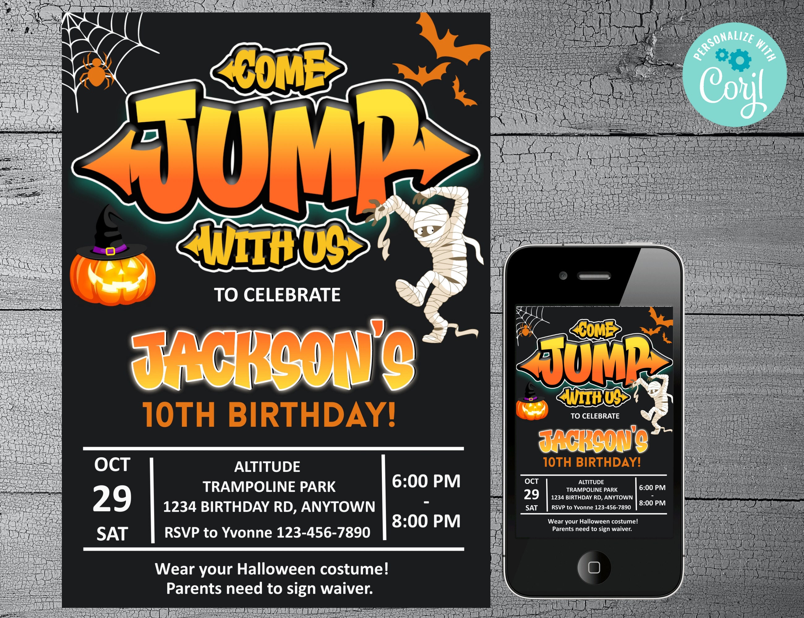 Halloween Trampoline Park Birthday Party Invitation, Editable Jump ...