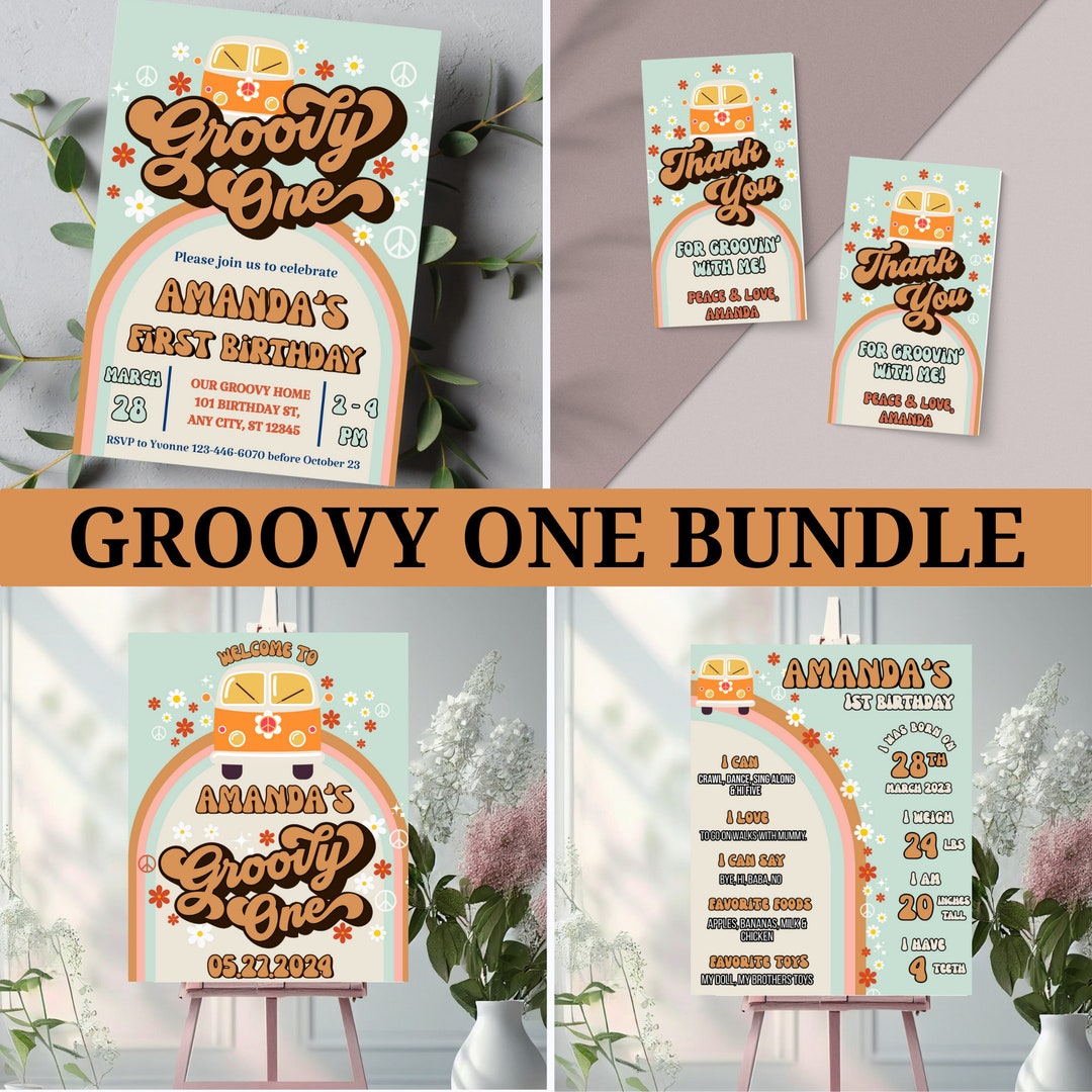 Groovy One Birthday Invitation Bundle for Girls Retro 70s Theme Party ...