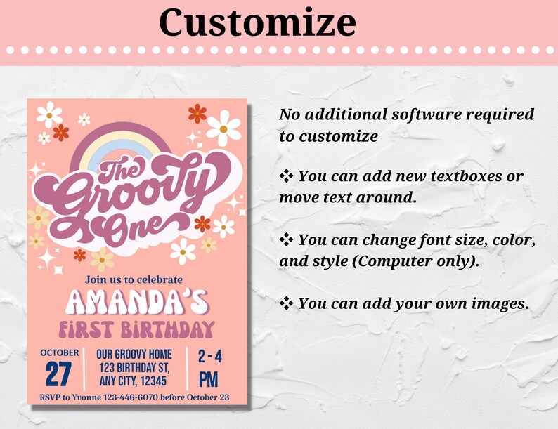 Editable Groovy One Invitation Template for First Birthday, 1st Hippie ...