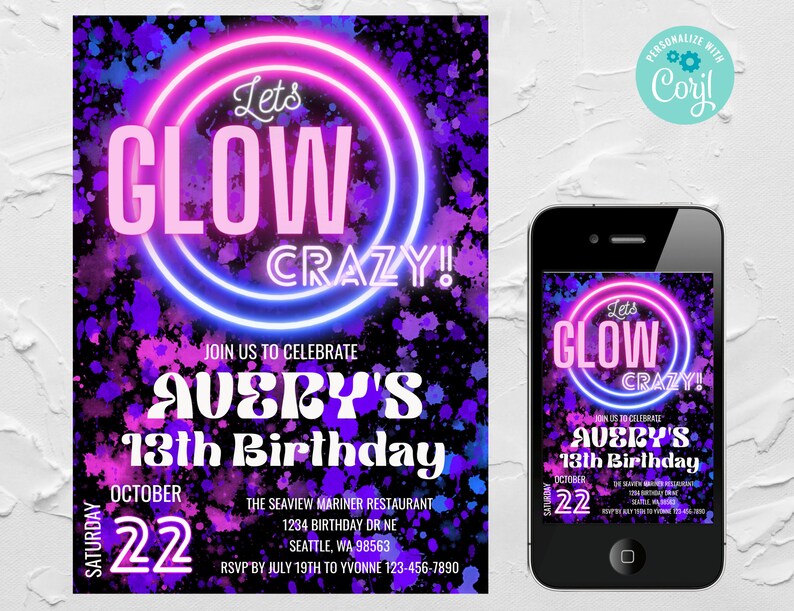 Editable Neon Glow Birthday Party Invitation, Glow in the Dark Led ...