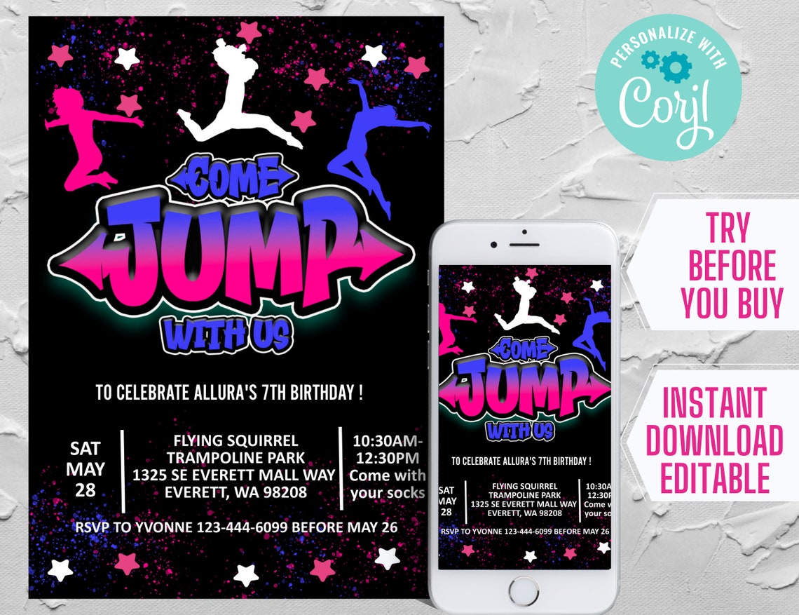Girls Trampoline Park Birthday Party Invitation Bounce House - Etsy