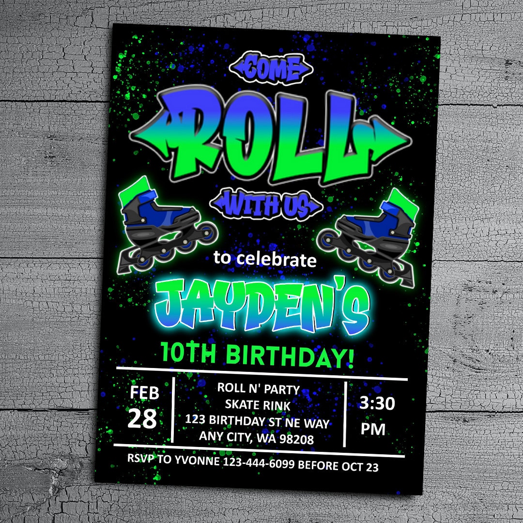 Skate Party Invitation, Neon Birthday Skate Rink Invite for Boys 5th ...