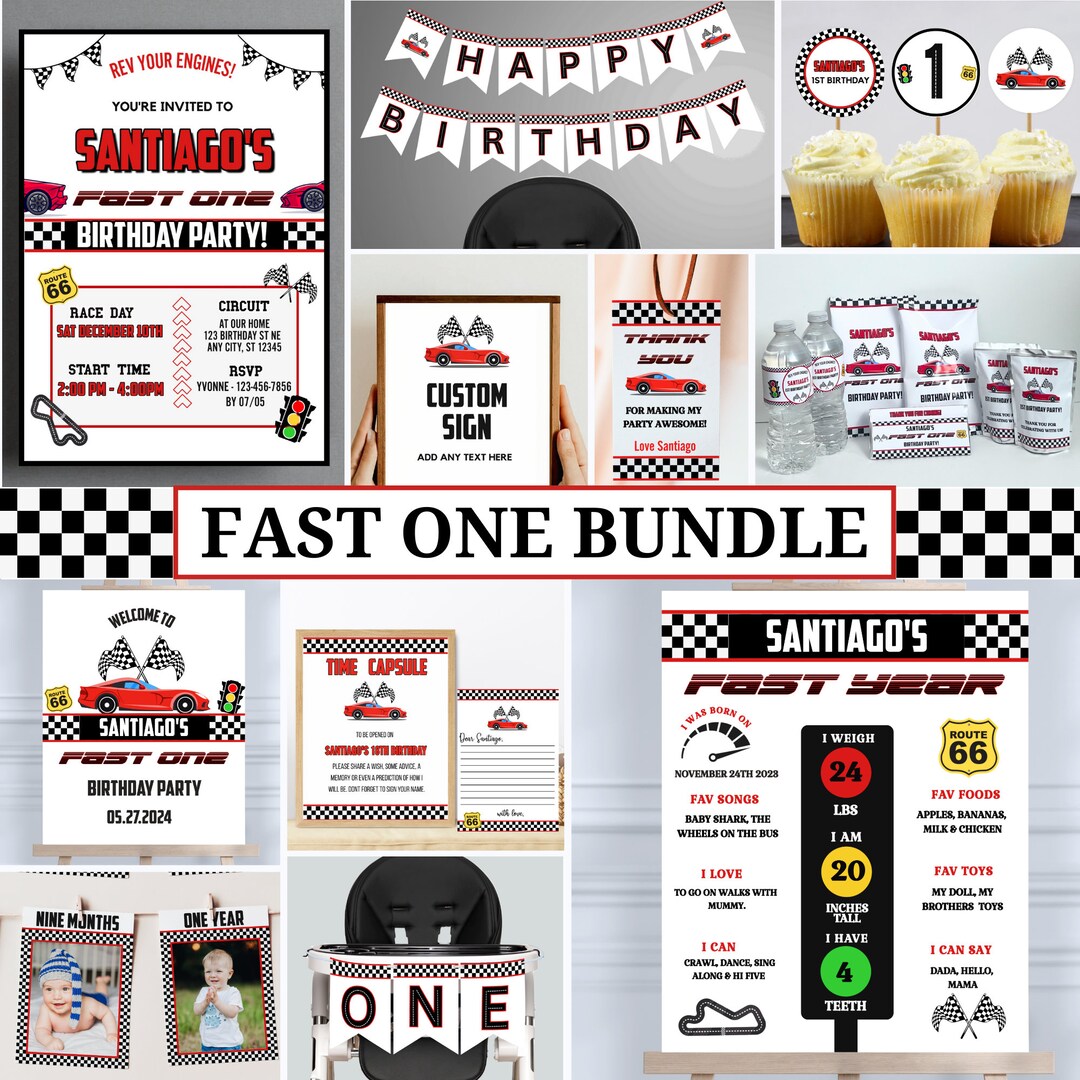 Editable Fast One Car Racing Theme Birthday Party Bundle, 1st Birthday ...