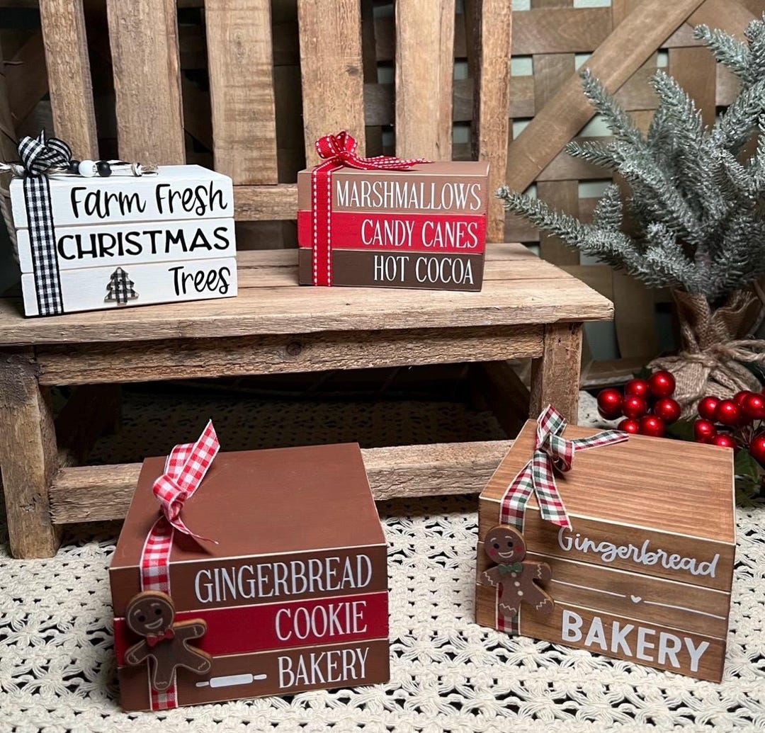 Handmade Christmas Wood Book Stack: Tier Tray Decor - Etsy