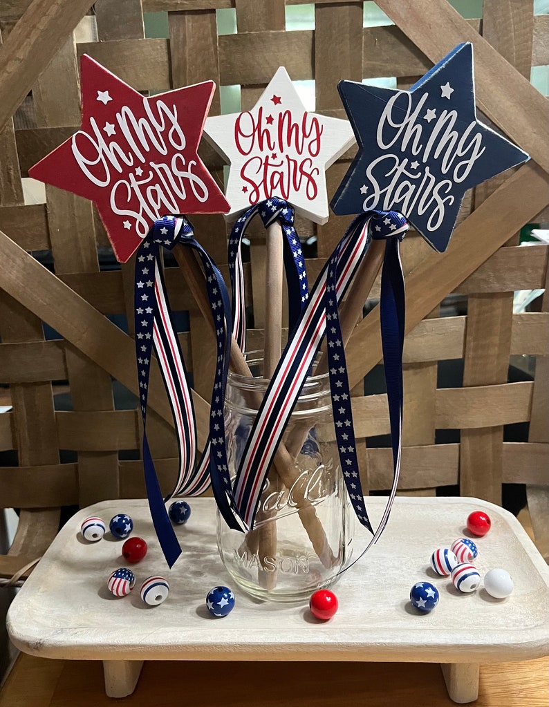 Patriotic "oh My Stars" Wooden Star Wands/tier Tray Decor/red, White ...