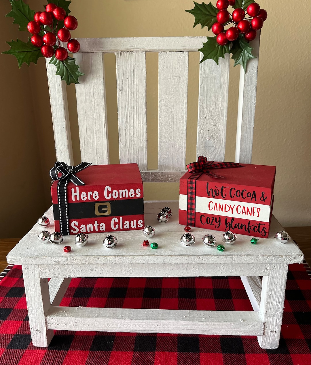 Christmas Book Stack / Christmas Shelf Decor / Tier Tray Decor / Wooden ...