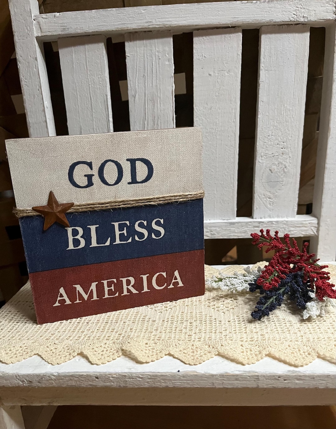 Rustic God Bless America Shelf Sign, Patriotic Tiered Tray Decor - Etsy