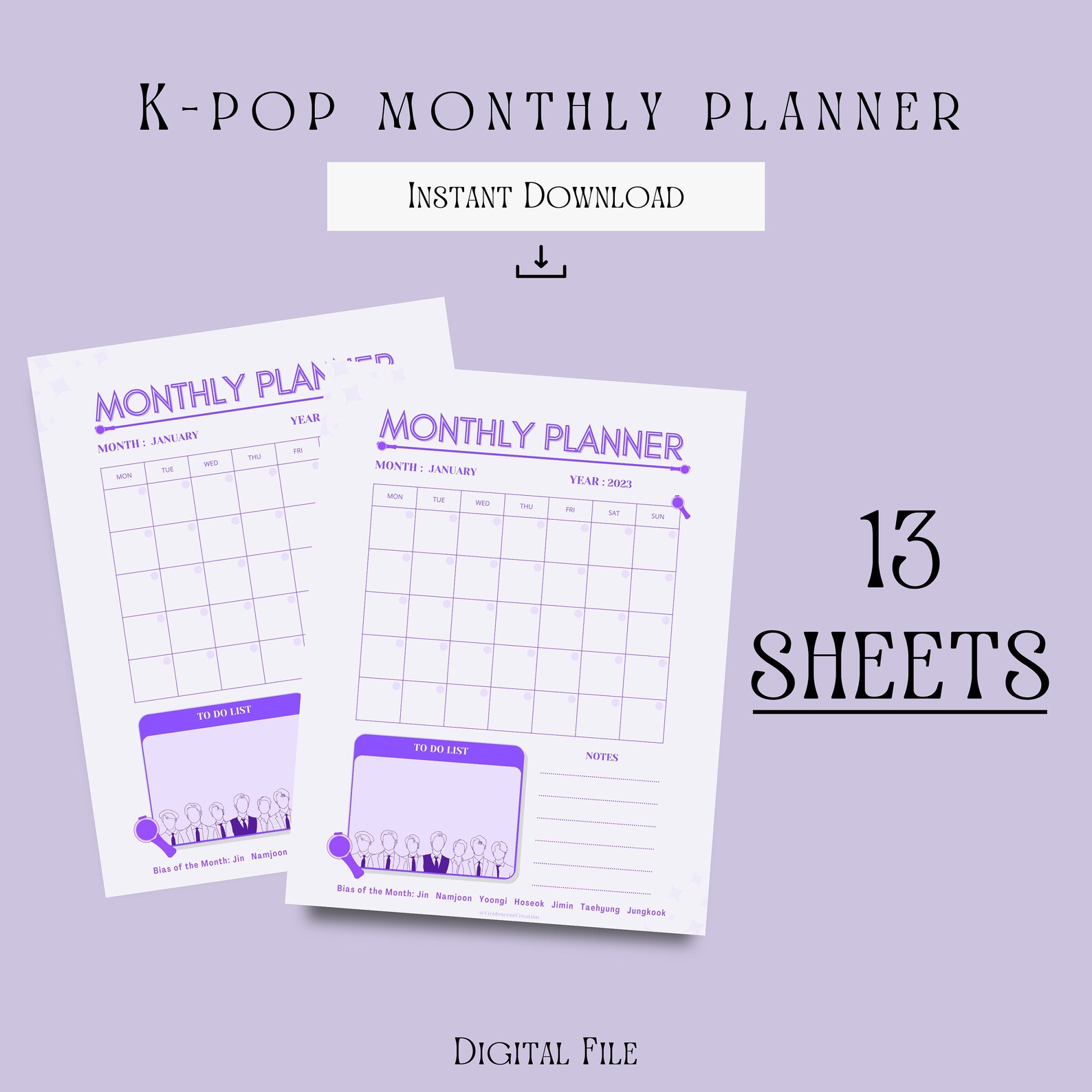 Kpop | BTS Inspired Monthly Printable Planner 2024 | Instant Digital ...