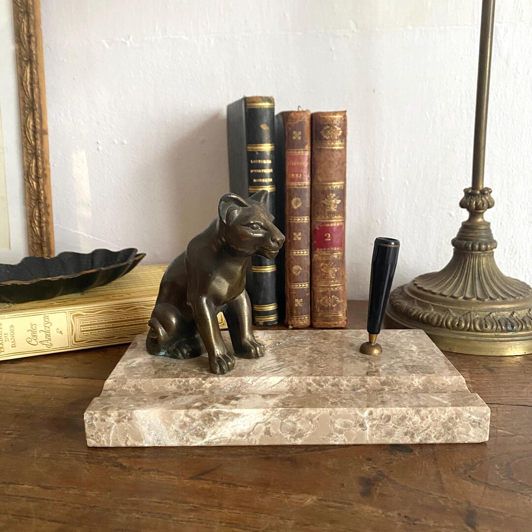 Art Deco Pen Holder From the 1940s, Spelter Lion Cub on a Marble Base ...