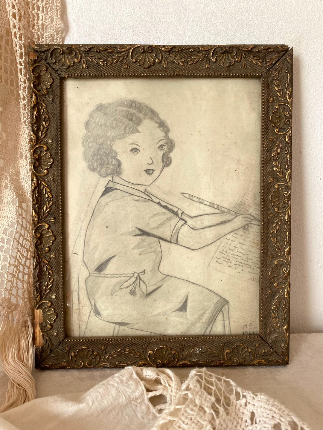 Old Portrait Drawing of a Child, 1941, Antique Frame - Etsy