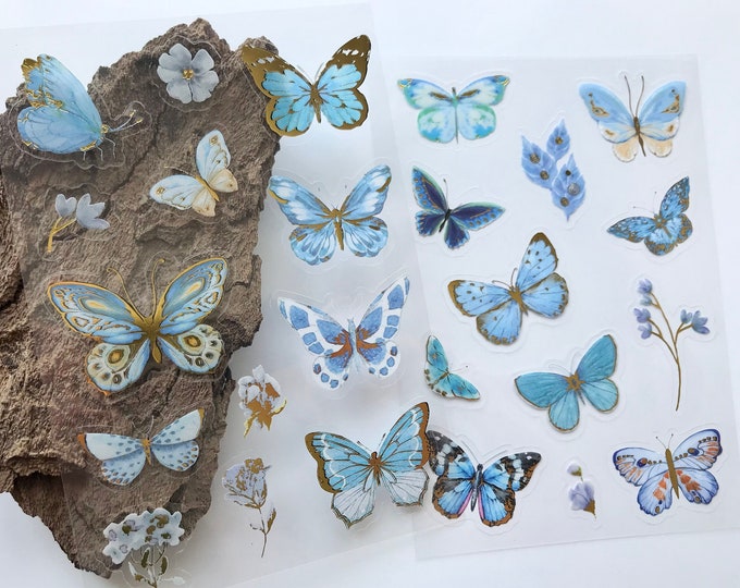 2 Gold Foil Blue Butterfly Sticker Sheets/ Transparent Butterfly ...
