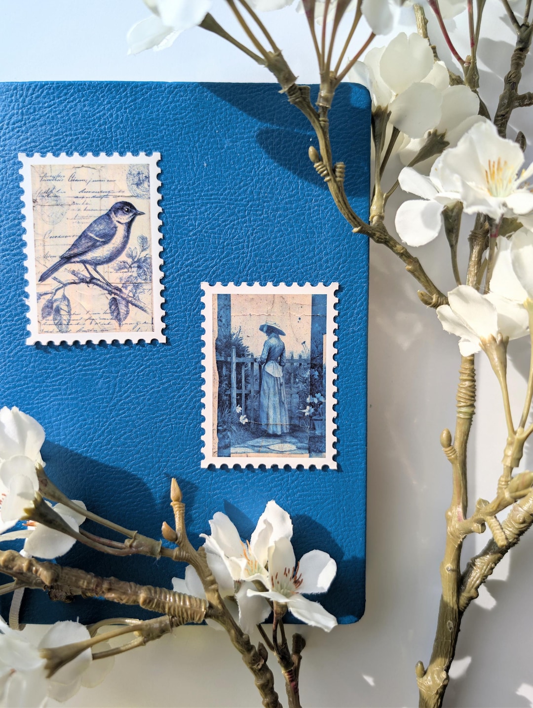 36 White & Blue Stickers/ Floral Stamp Stickers/ Craft Supplies/ Card ...