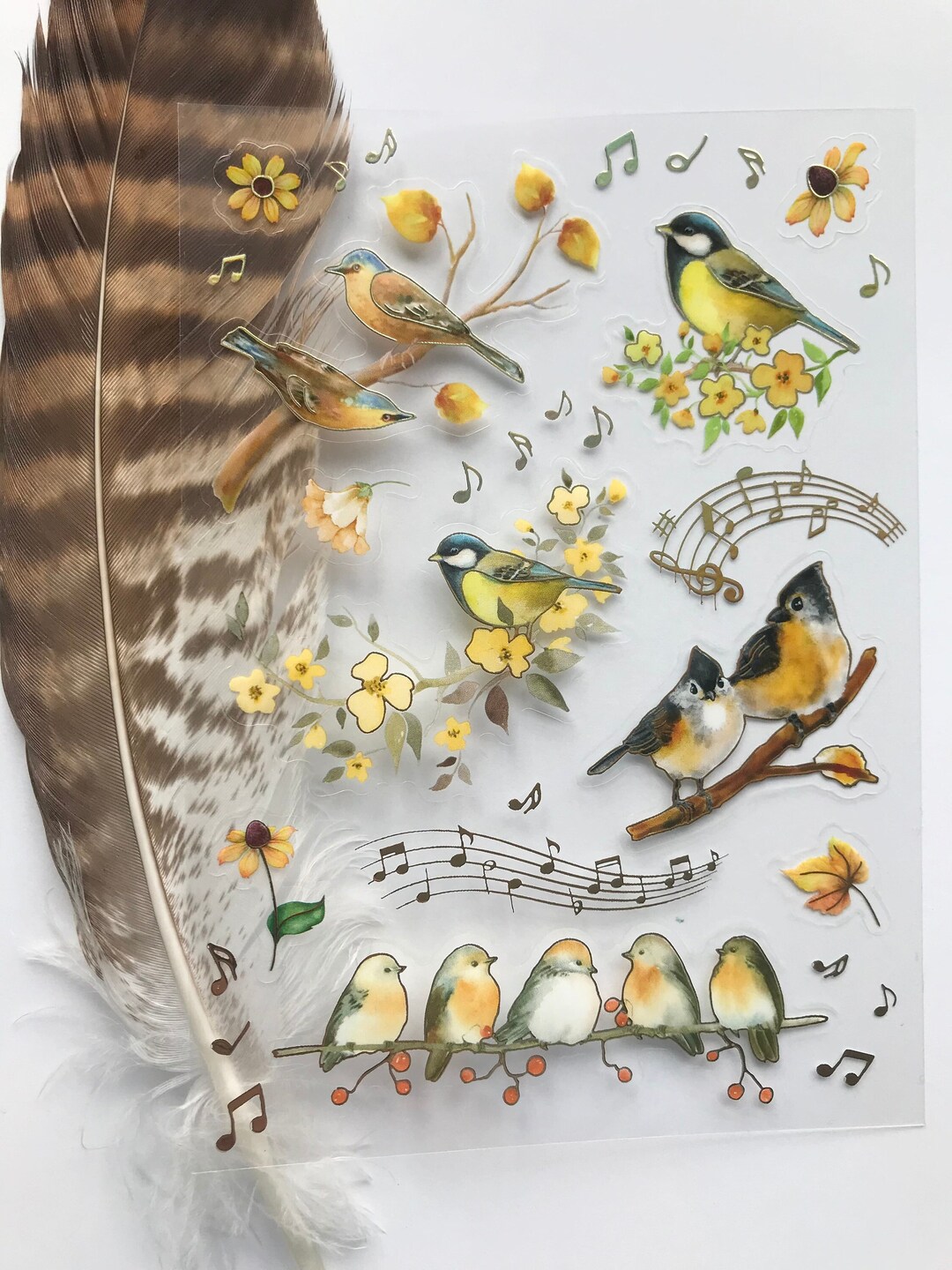 2 Transparent Yellow Bird Sticker Sheets/ Gold Foil Scrapbook Stickers ...