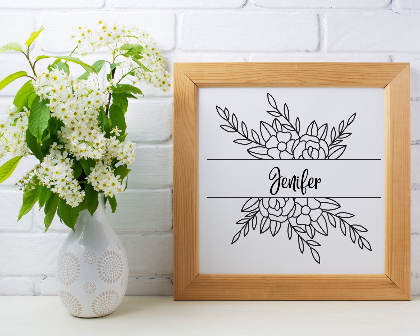 Floral Split Name Frame SVG: Botanical Border, Hand Drawn (digital ...