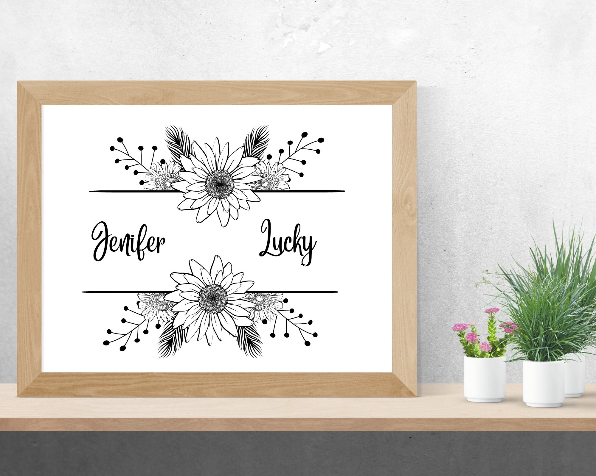 Floral Split Name Frame SVG: Botanical Border, Hand Drawn (digital ...