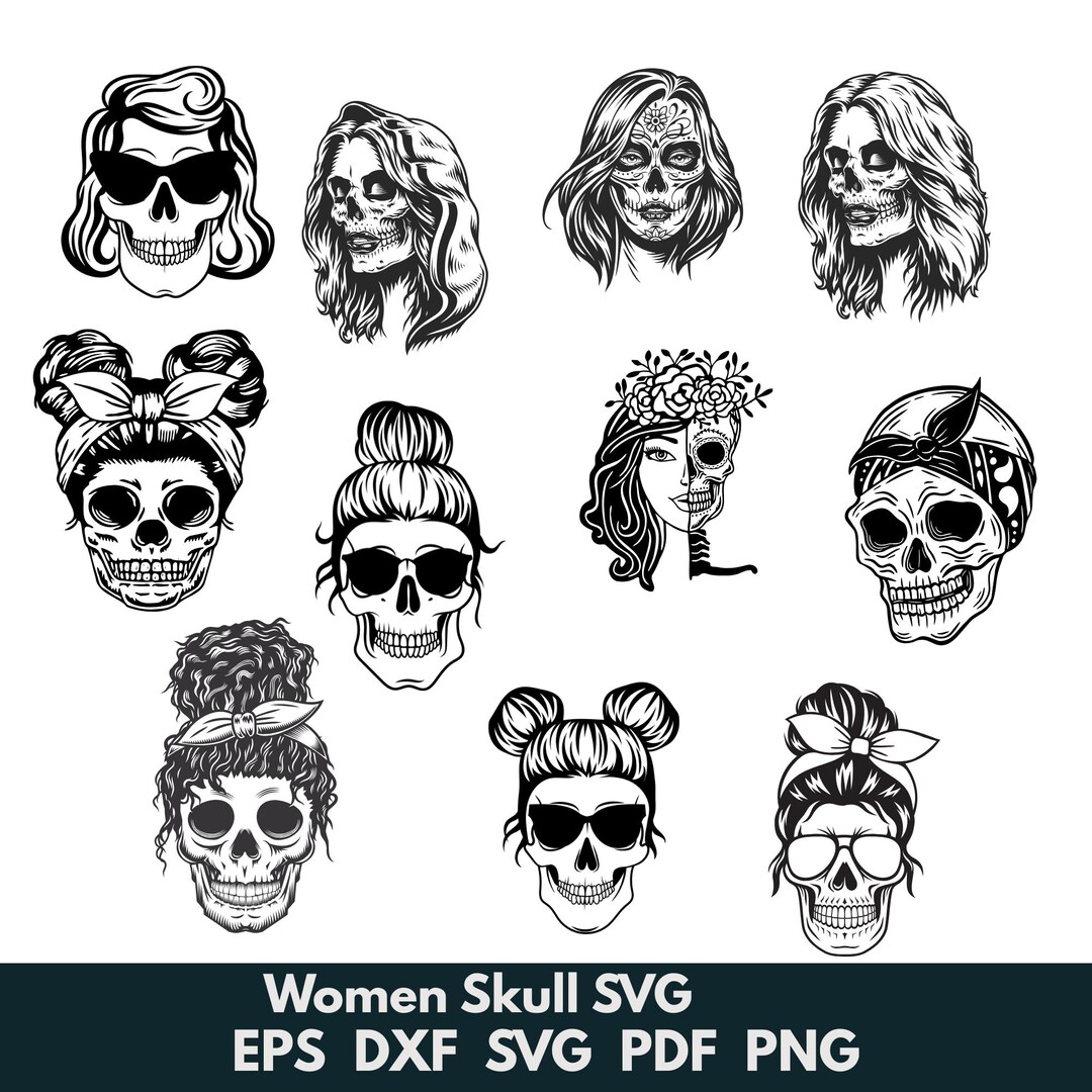 Skull Svg Bundle|women Skull Svg|messy Bun Girl Svg|skeleton Girl Svg ...