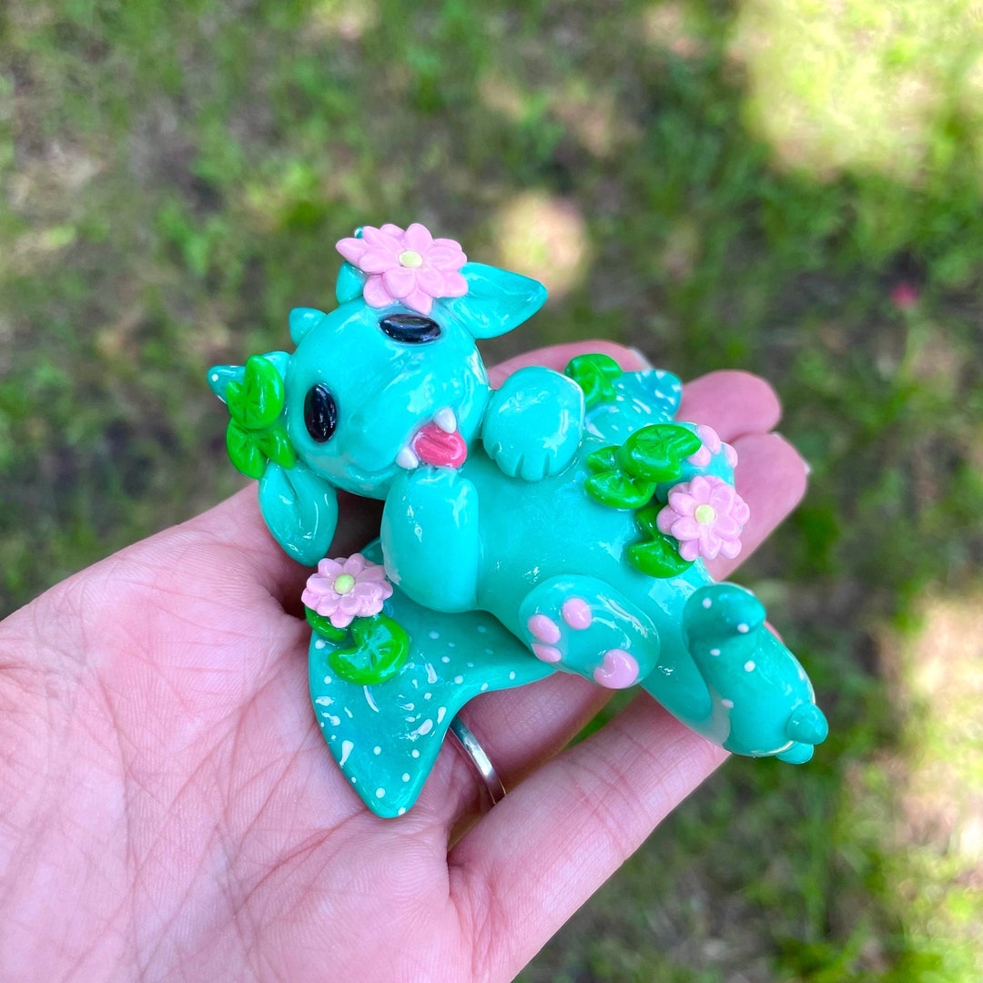 Water Lilly Dragon Sculpture/ Polymer Clay Dragon Figurine/ Mythical ...