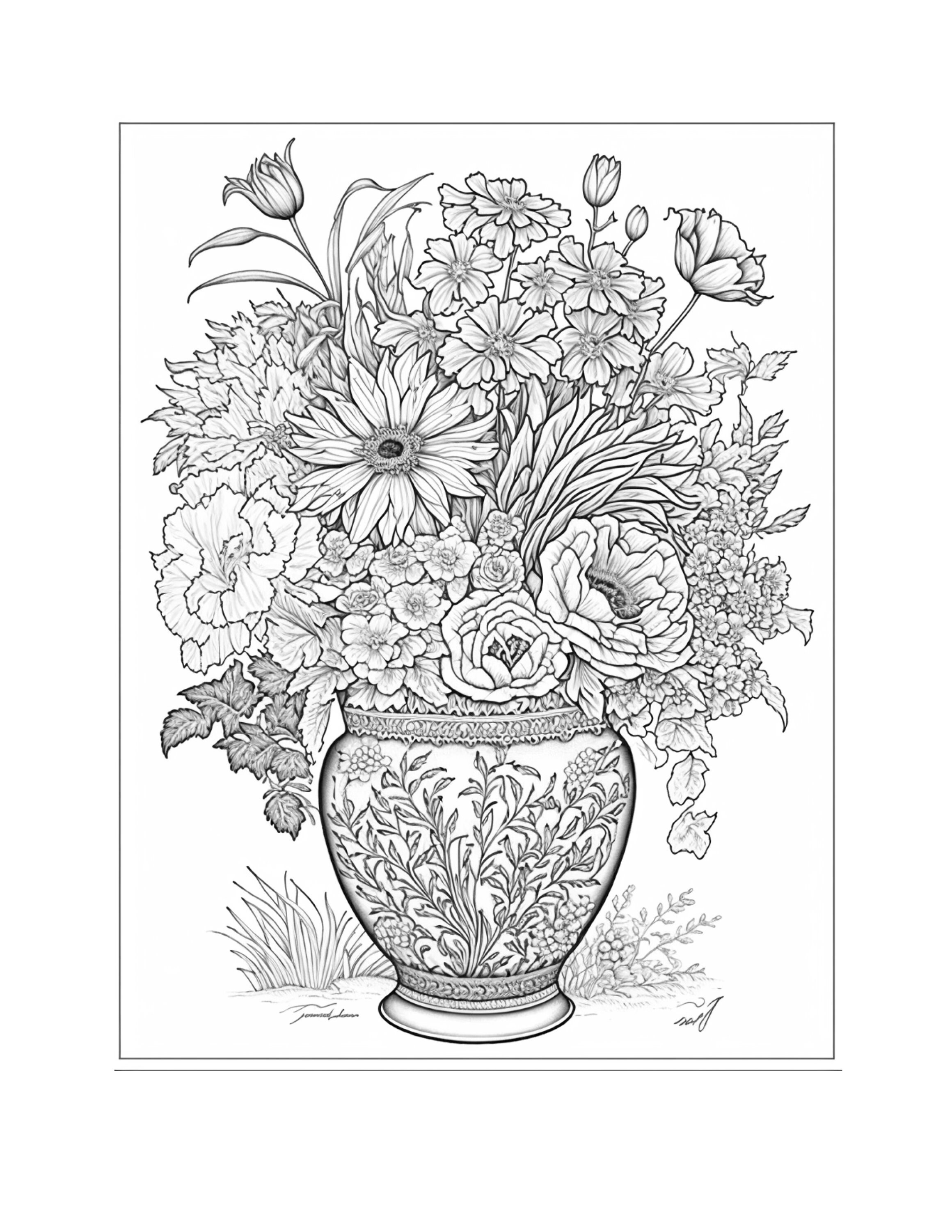 Flowers Adult Coloring Book With 200 Flowers Arrangements Digital ...
