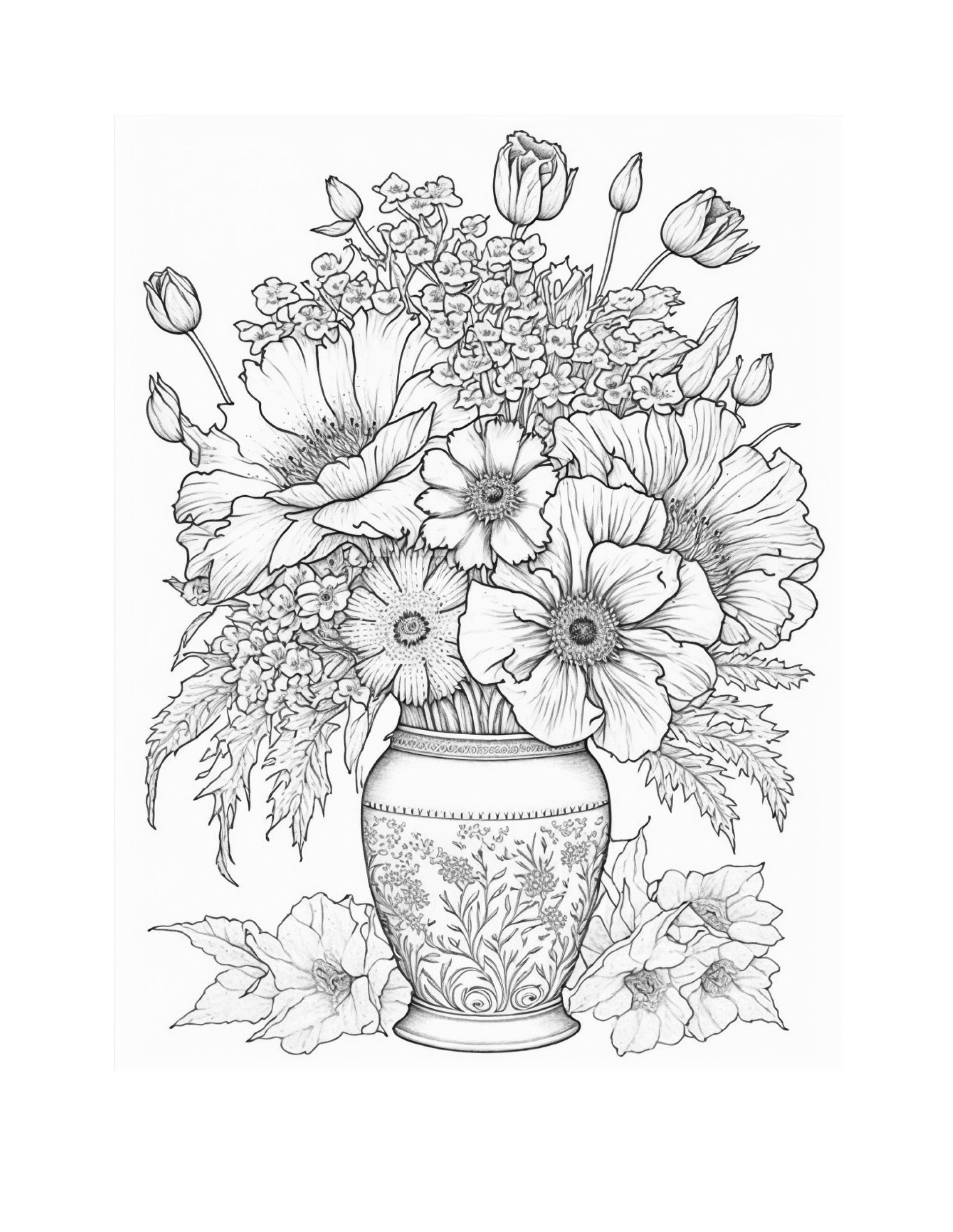 Flowers Adult Coloring Book With 200 Flowers Arrangements Digital ...