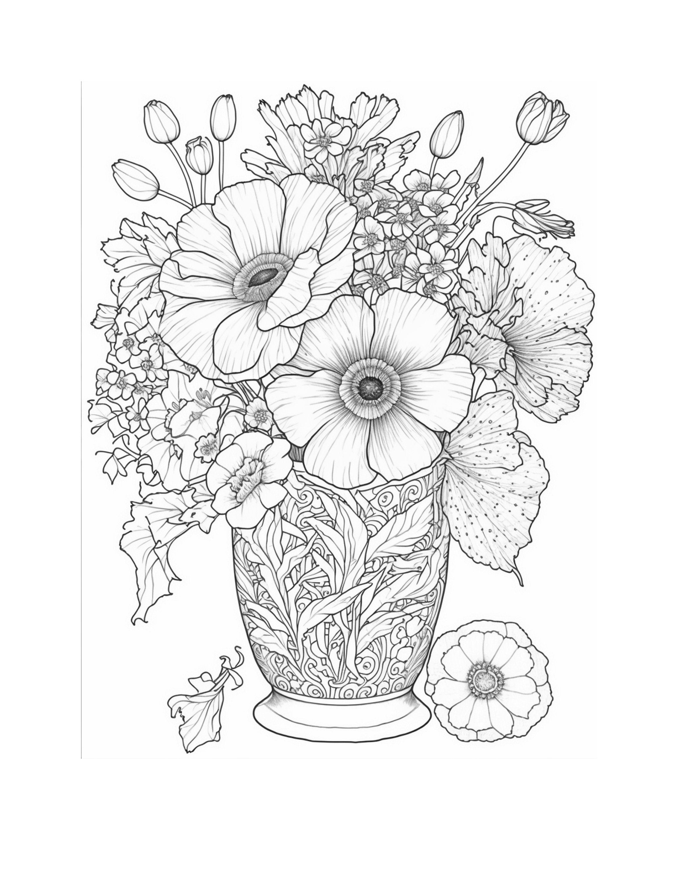 Flowers Adult Coloring Book With 200 Flowers Arrangements Digital ...