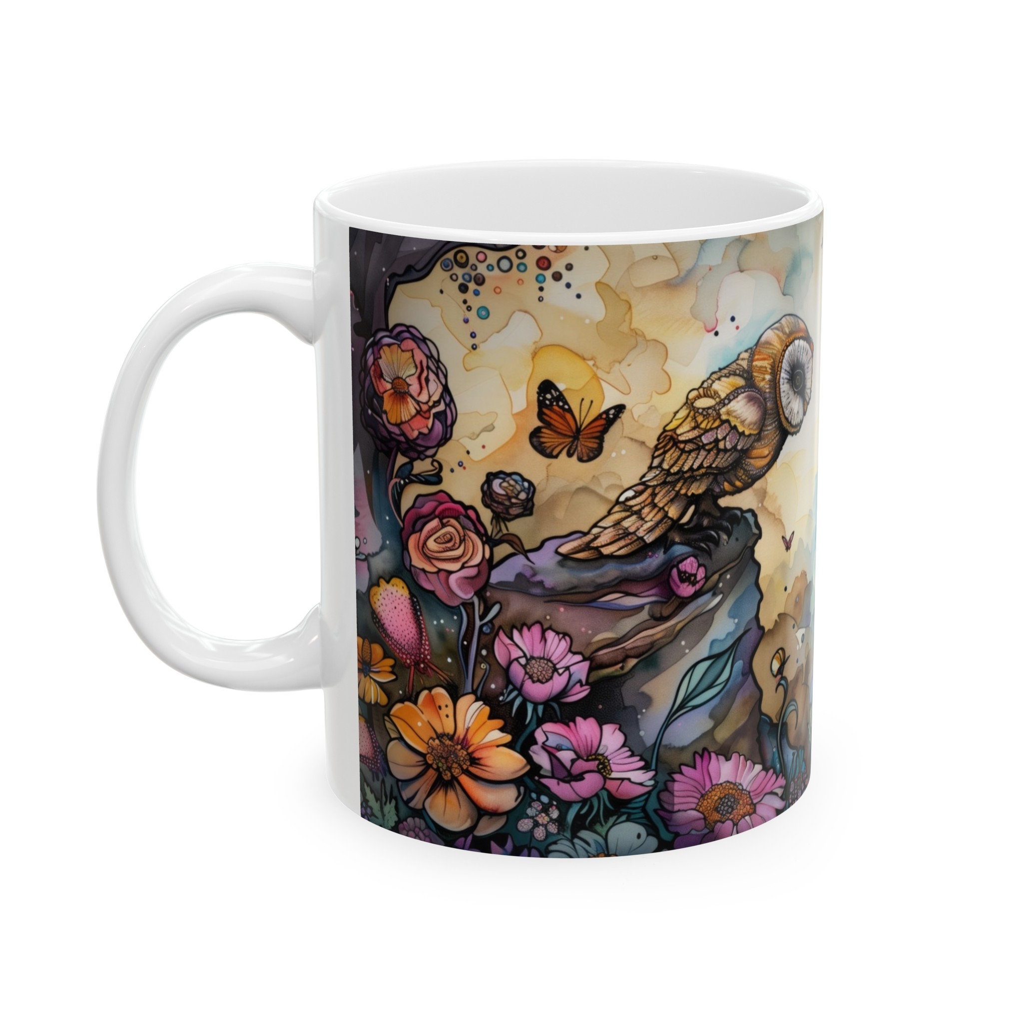 Owl, Flowers, and Other Illustrative Surreal Scenery on an 11oz Mug ...