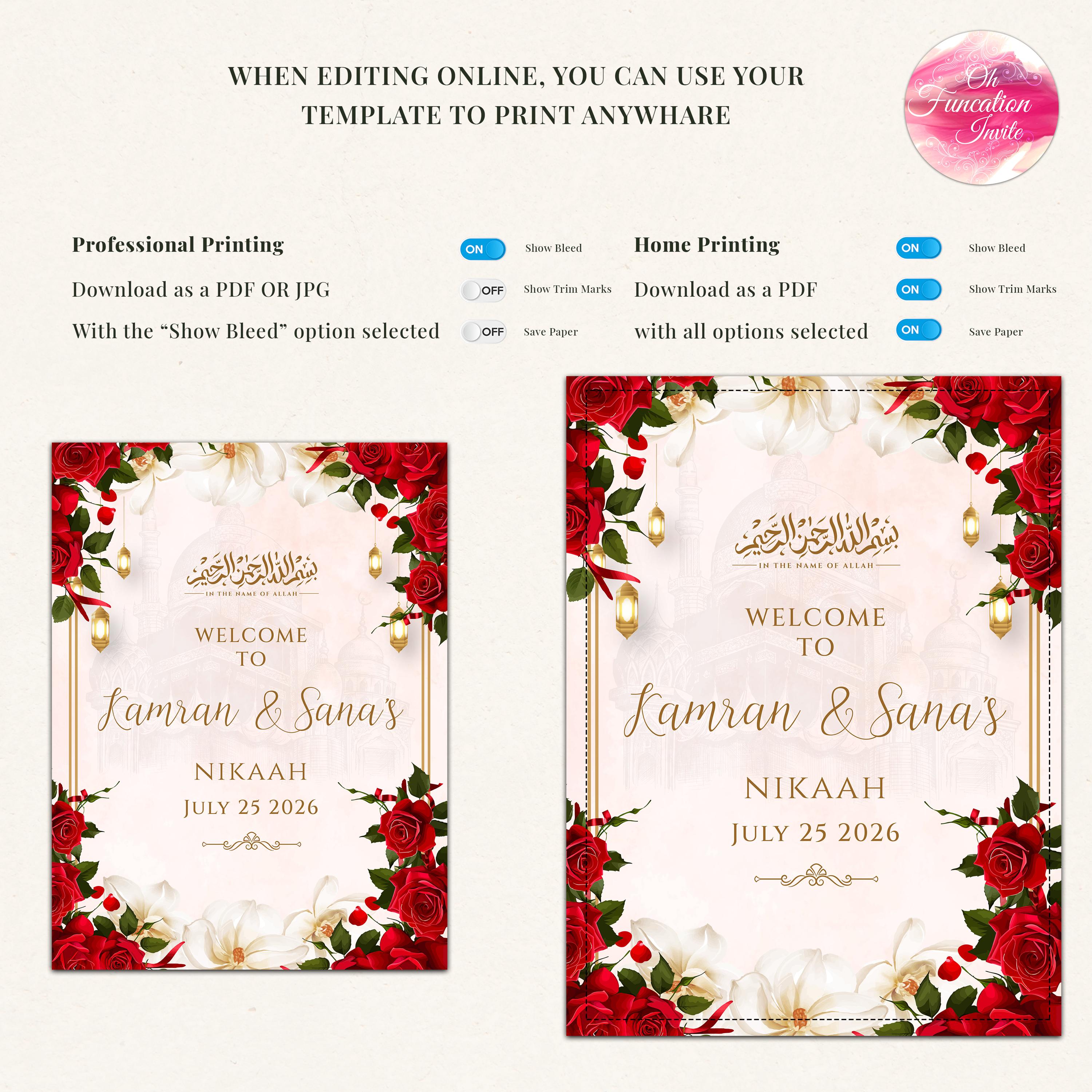 Nikkah Welcome Sign Red and White Roses, Muslim Wedding Entrance Sign ...
