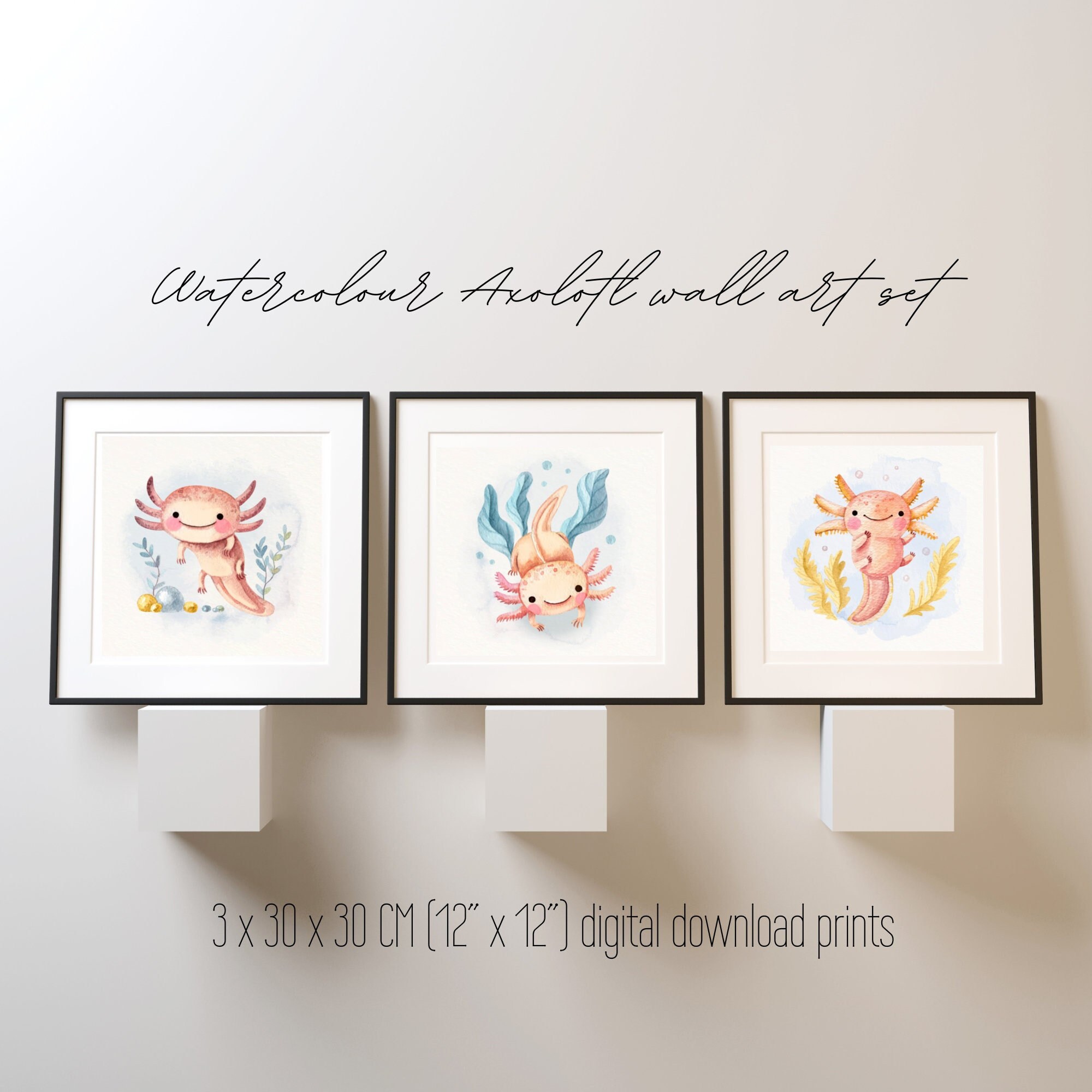 Printable Watercolour Cute Axolotl Wall Art Set Digital - Etsy UK