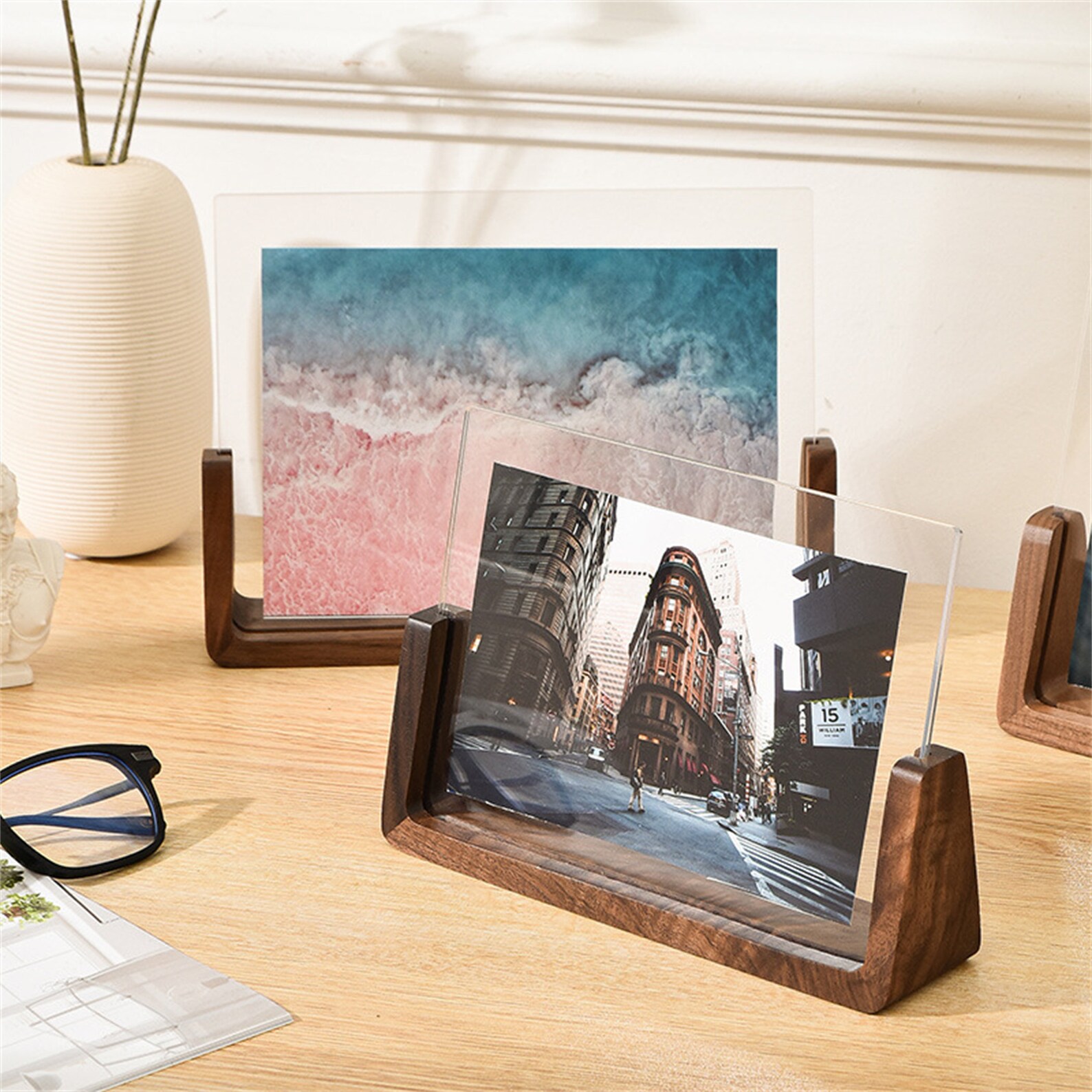 4 10 Walnut Photo Frame Transparent Standing Hardwood Acrylic Frame ...