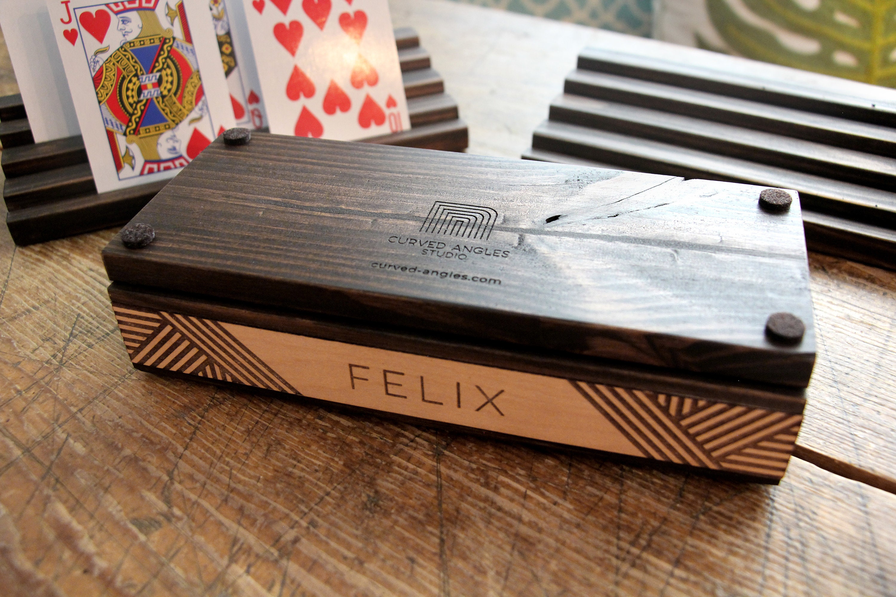 Personalized Wooden Playing Card Holders: Engraved Mid-century Design ...