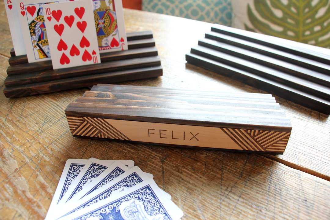 Personalized Wooden Playing Card Holders: Engraved Mid-century Design ...