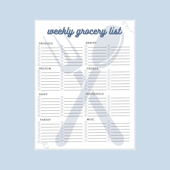 Weekly Grocery List white W/ Blue Printable Shopping List | Etsy