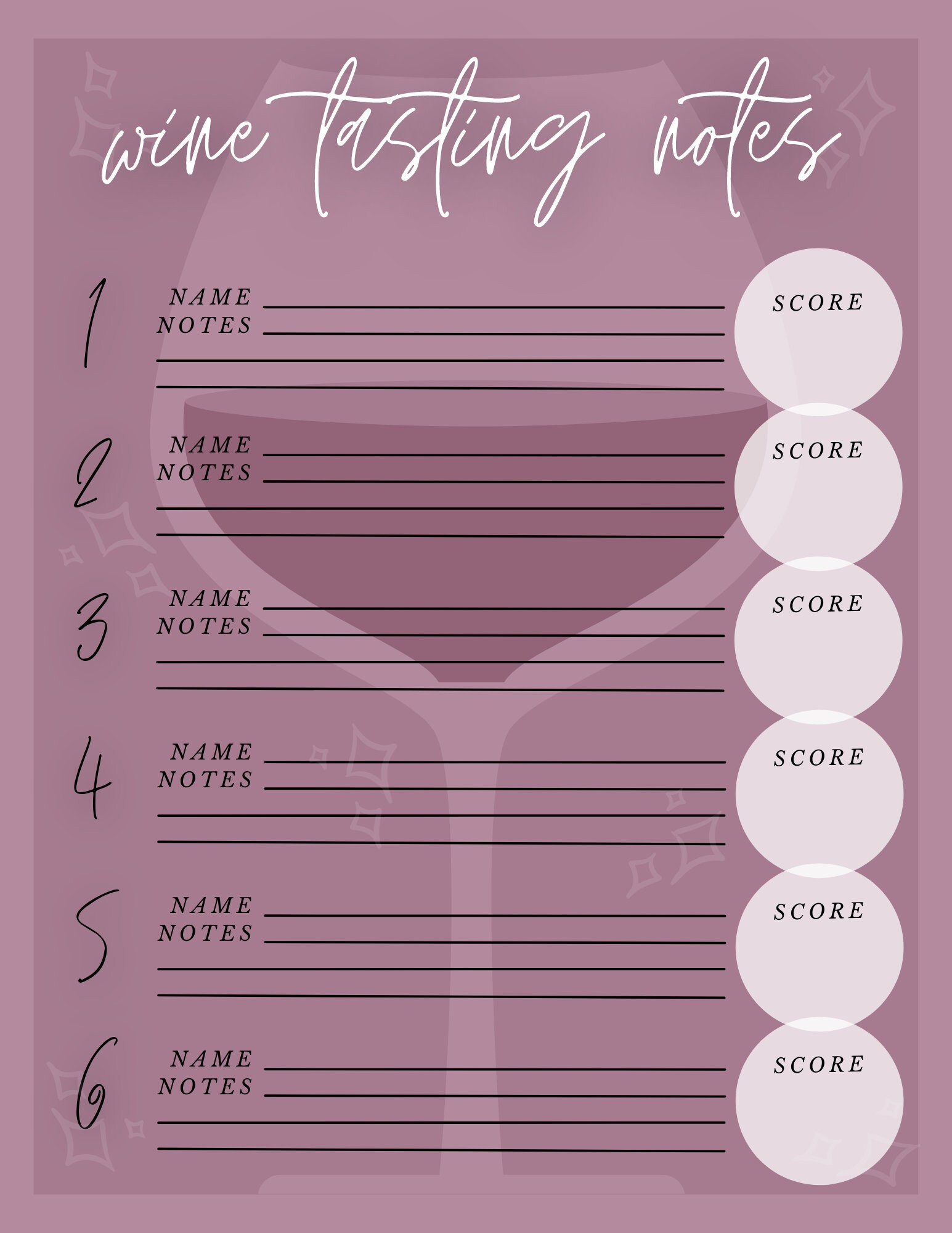 Wine Tasting Notes (mauve) | Printable Scorecard | Six Wines | Instant ...
