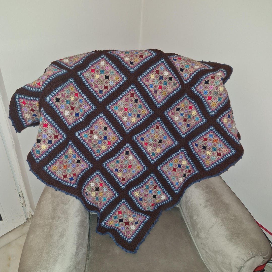 Hand Crocheted Granny Square Blanket, Brown Beige Multi-color Afghan ...