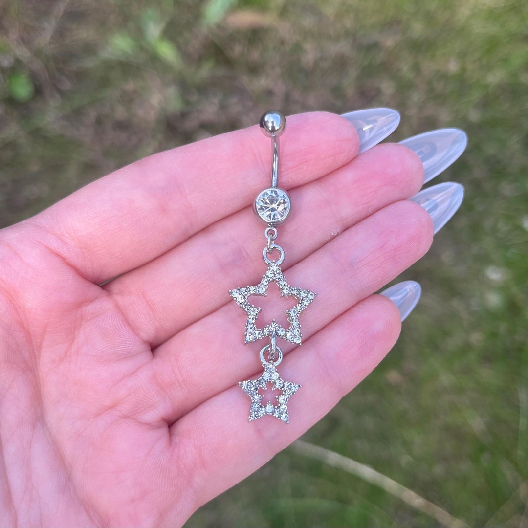 Star Dangle Belly Button Ring: Crystal Gem Navel Piercing, Stainless ...