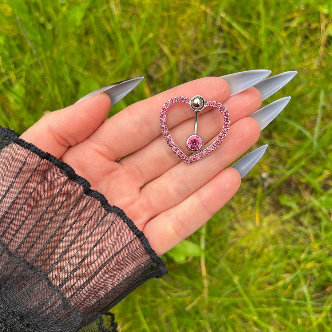 Pink Rhinestones Navel Piercing, Cute Heart Belly Button Piercing ...