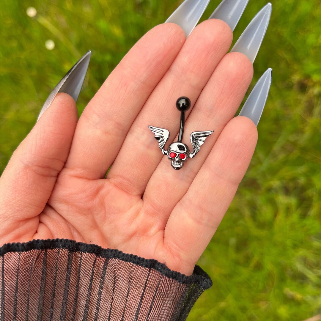 Skull Belly Button Piercing, Pendant Dangle Belly Bar Piercing, Crystal ...