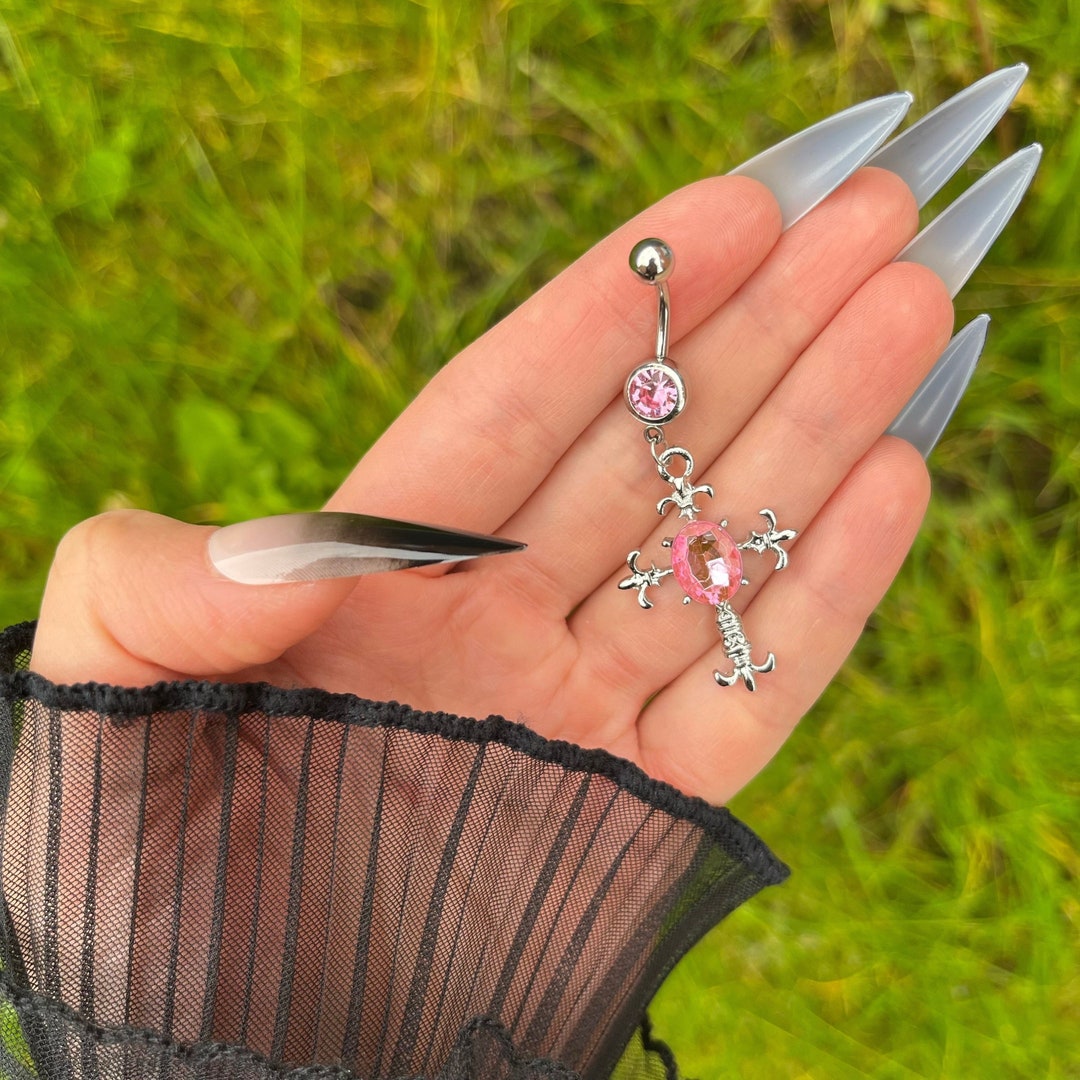 Cross Belly Button Piercing, Pink Rhinestones Navel Piercing, Pendant ...