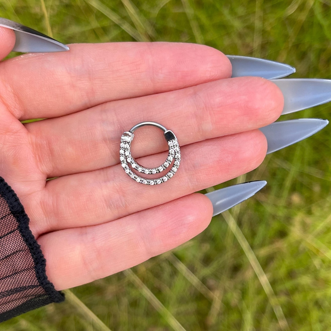 Crystal Gem Double Ring Septum Clicker: Silver Hinged Hoop, 16G 10mm - Etsy