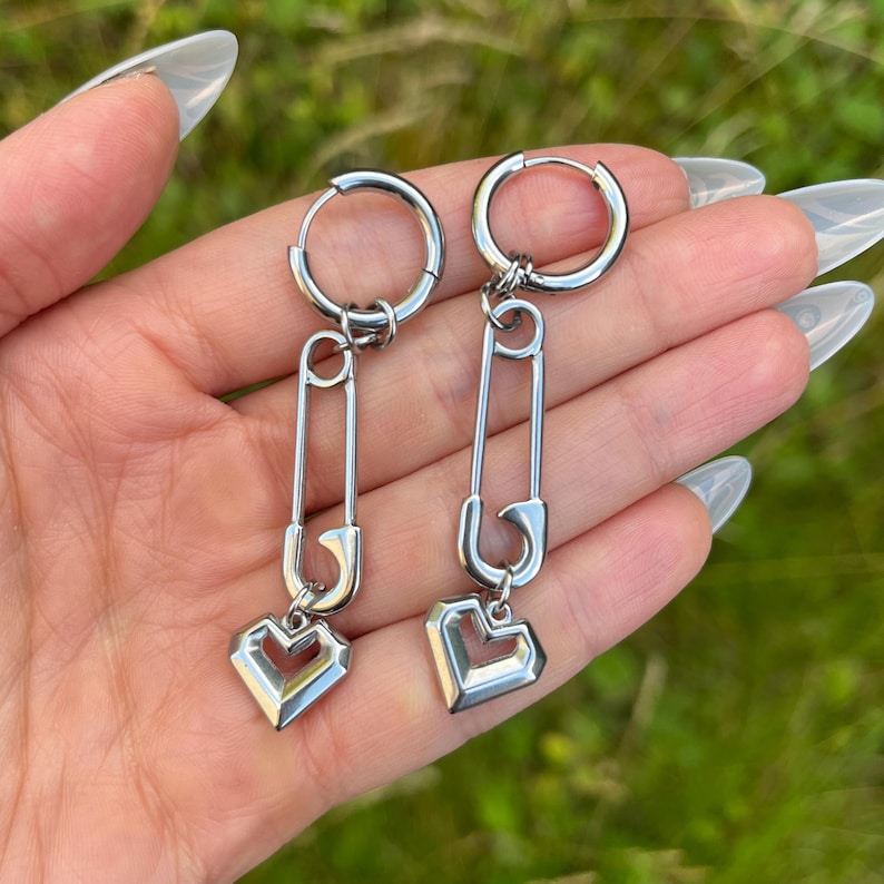 Safety Pin Hoop Earrings: Stainless Steel Heart Charms, Gothic Punk ...