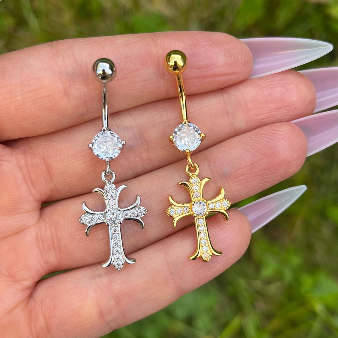 Cross Belly Button Piercing, Gold/silver Rhinestones Navel Piercing ...