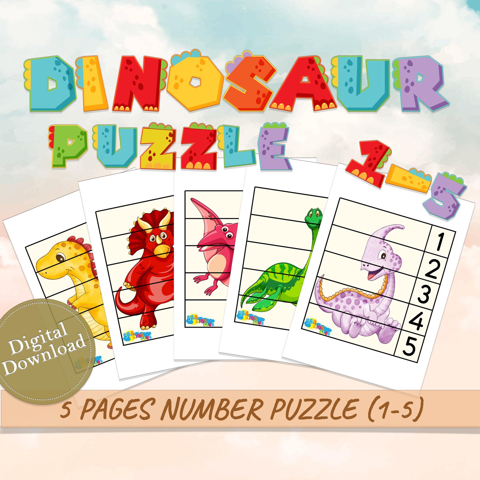 Toddler Puzzle Dinosaur Number Sequence 1-5. Printable Animals Activity ...