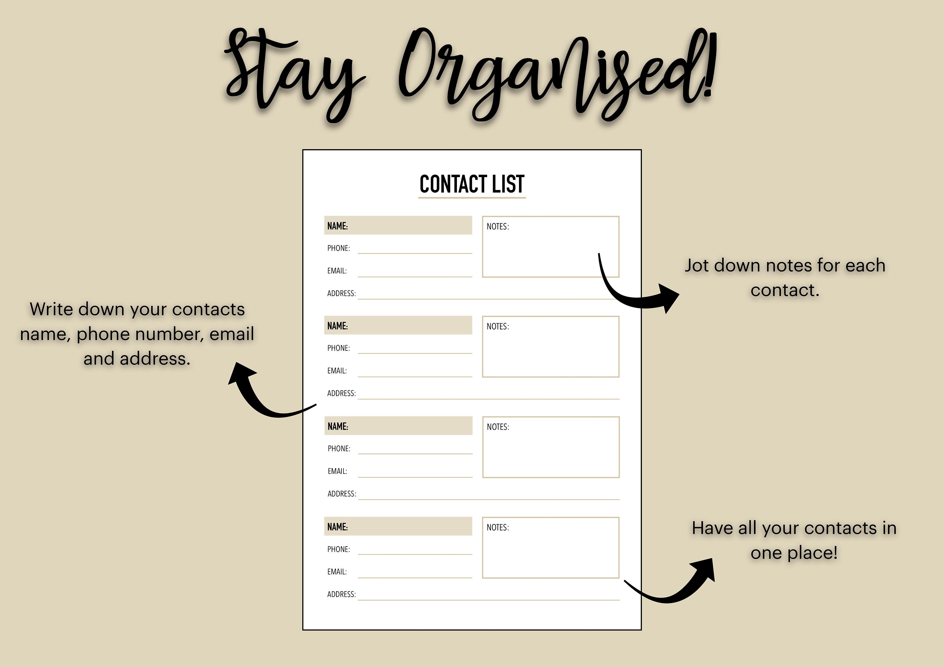 A4 & A5 Printable Contacts Insert, Planner Insert, Contacts Page ...