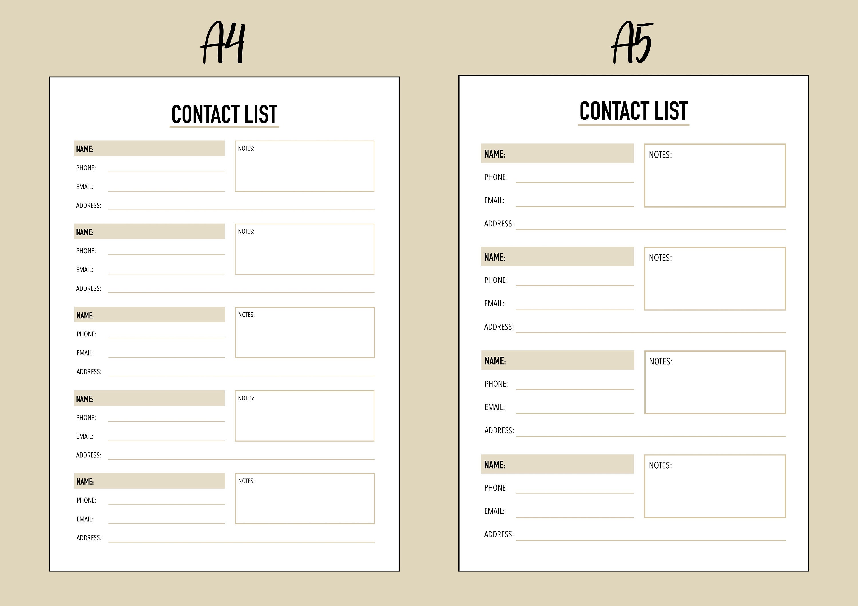 A4 & A5 Printable Contacts Insert, Planner Insert, Contacts Page ...