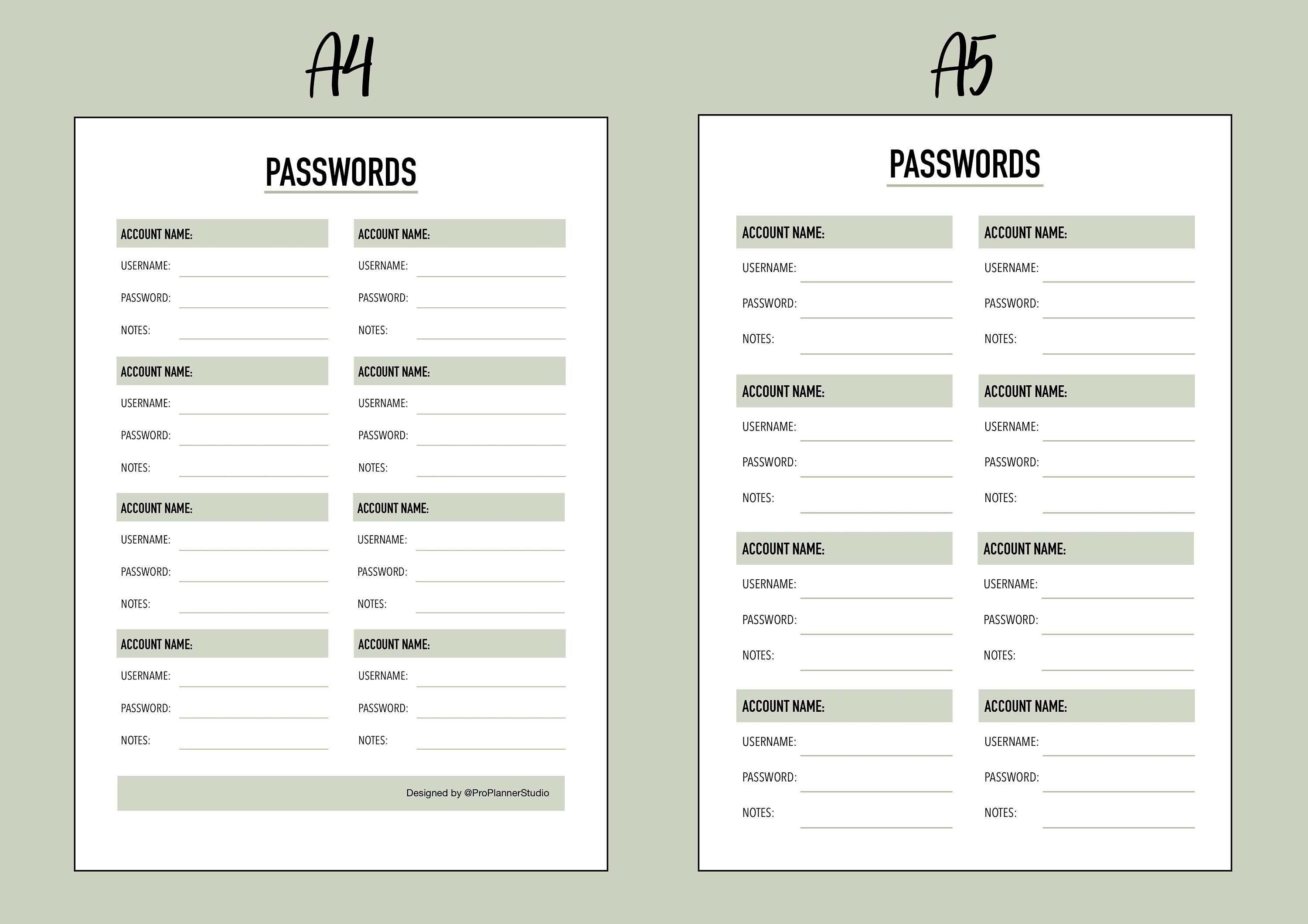 A4 & A5 Printable Password Insert, Planner Insert, Password Page ...
