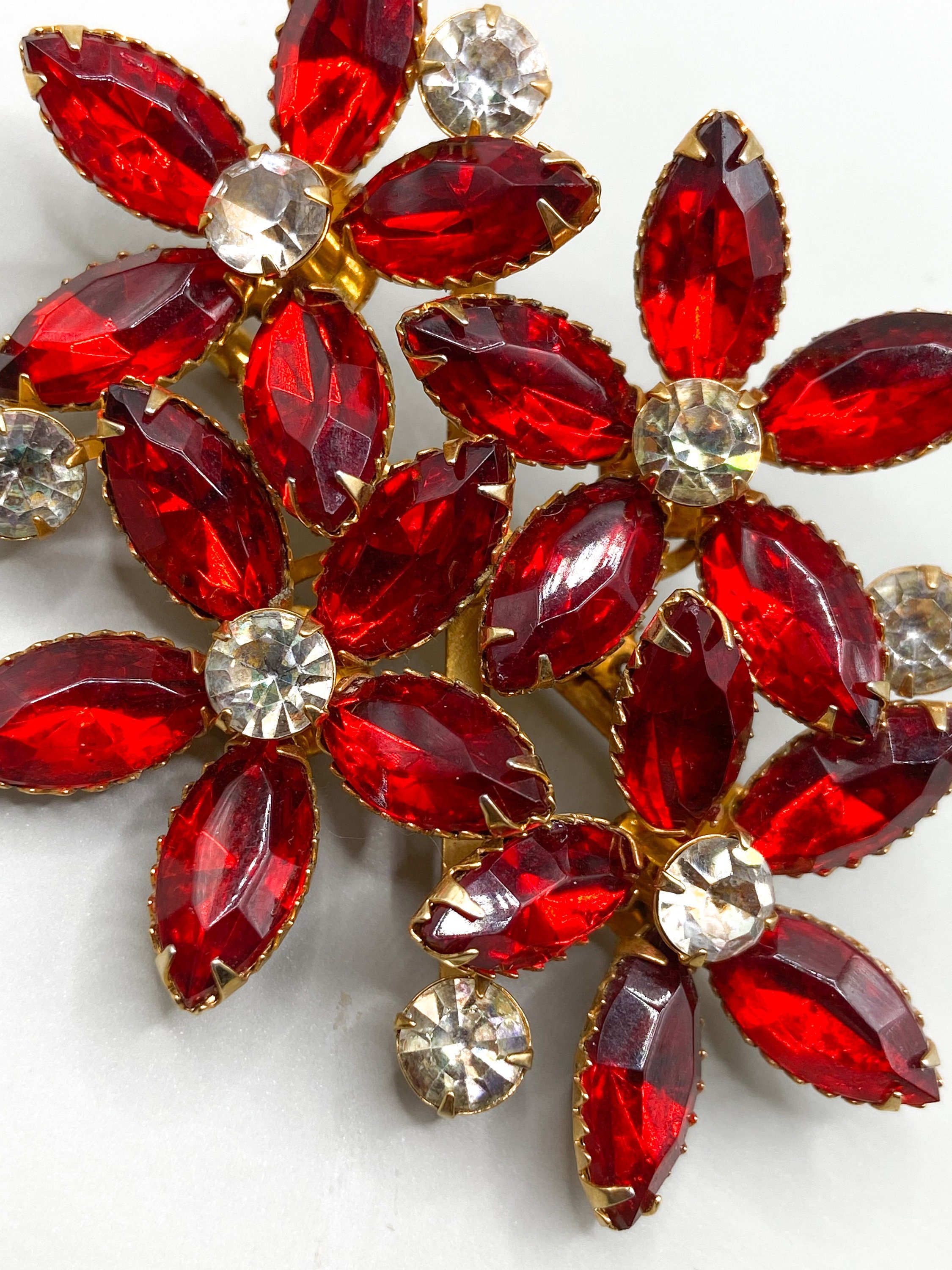 Vintage Judy Lee Bright Red Rhinestones Flower Brooch Etsy