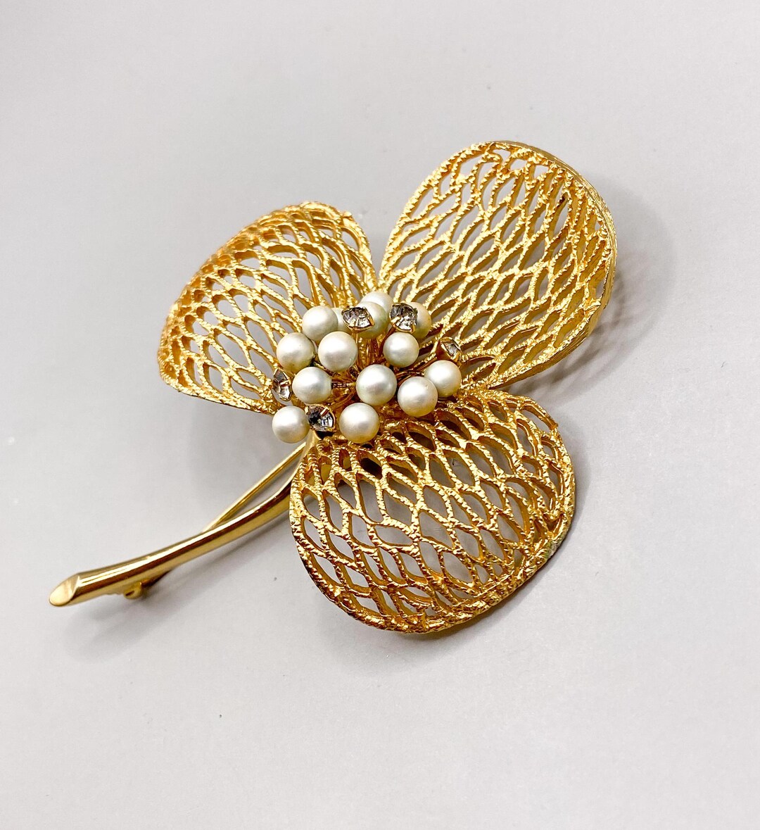 Vintage Marcel Boucher Gold Tone Filigree Flower Brooch With Faux Pearl ...
