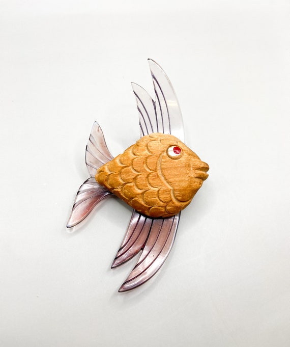 Vintage Carved Wood and Lucite Big Angel Fish Brooch … - Gem